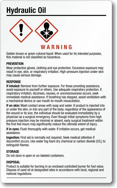 Large GHS Hydraulic Oil Label, SKU: GHS-034-A