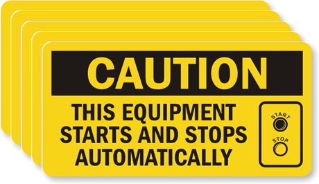 This Equipment Start, Stops Automatically Labels, Pack of 5, SKU: L-0287-VS